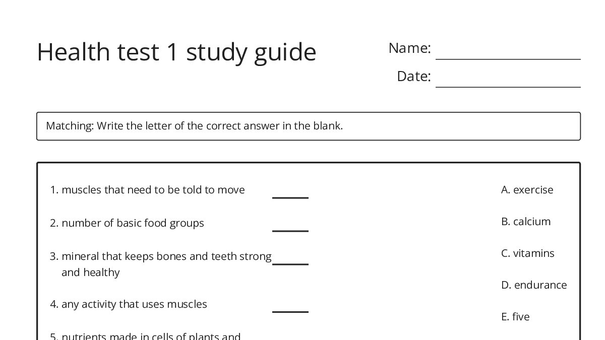 Health test 1 study guide - My Worksheet Maker: Create Your Own Worksheets