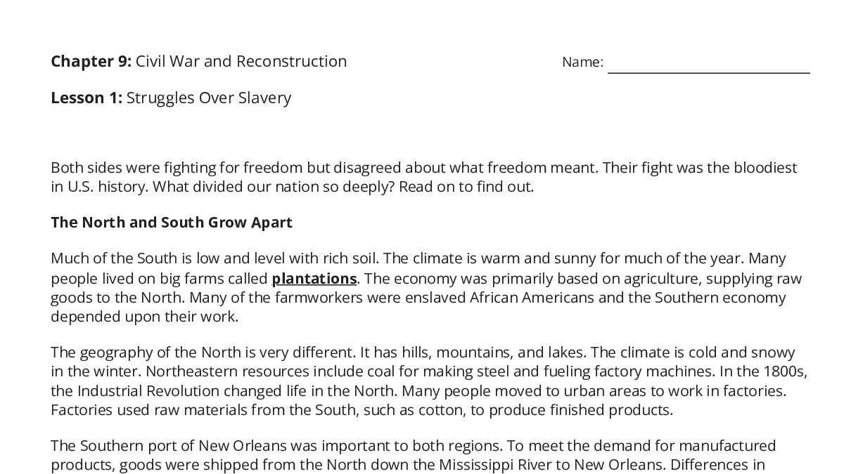 Chapter 9: Civil War and Reconstruction Lesson 1: Struggles Over ...