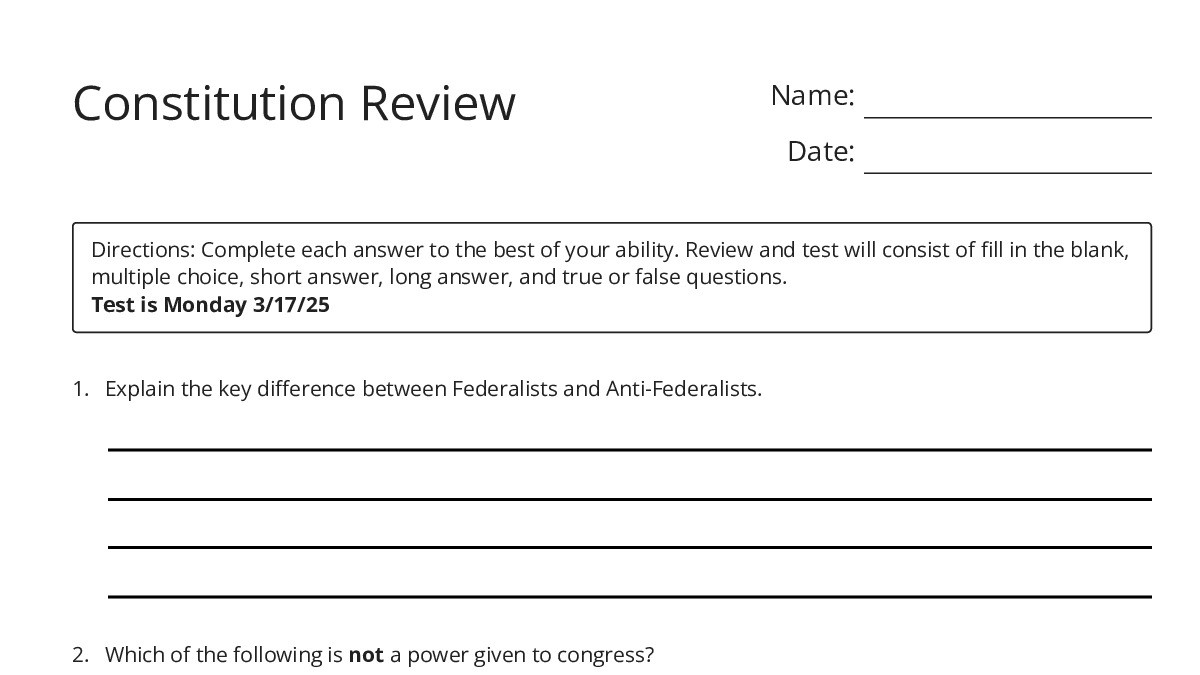 Constitution Review - My Worksheet Maker: Create Your Own Worksheets