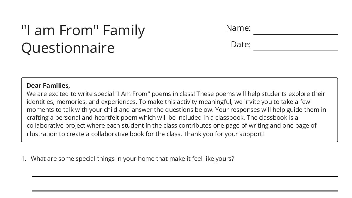 "I am From" Family Questionnaire - My Worksheet Maker: Create Your Own ...