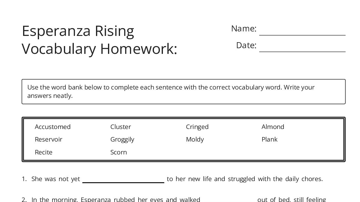 Esperanza Rising Vocabulary Homework: - My Worksheet Maker: Create Your ...