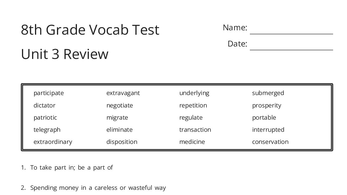8th Grade Vocab Test Unit 3 Review - My Worksheet Maker: Create Your ...