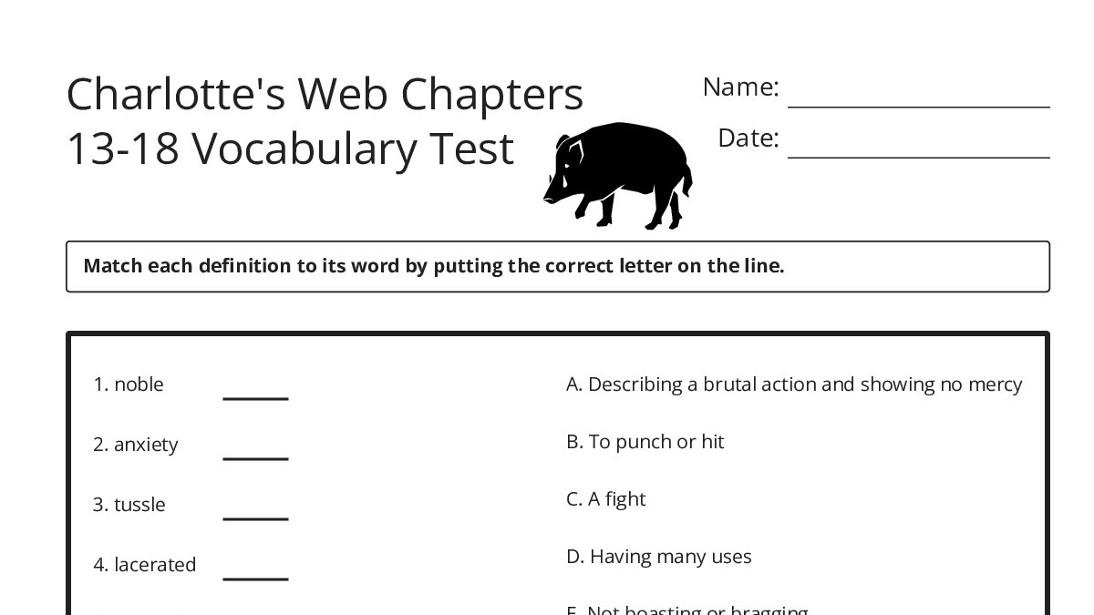 Charlotte's Web Chapters 13-18 Vocabulary Test - My Worksheet Maker ...