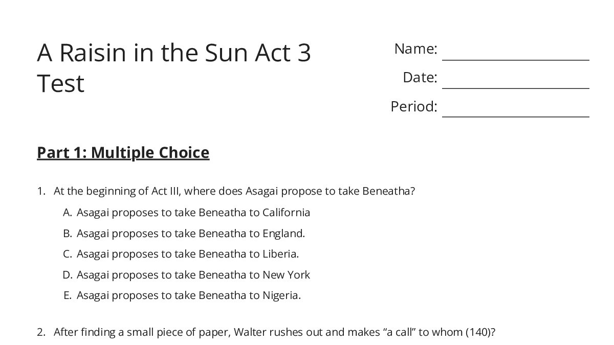 A Raisin in the Sun Act 3 Test - My Worksheet Maker: Create Your Own ...