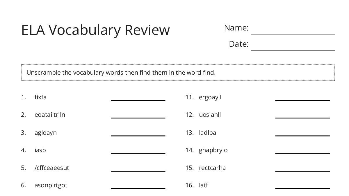 ELA Vocabulary Review - My Worksheet Maker: Create Your Own Worksheets