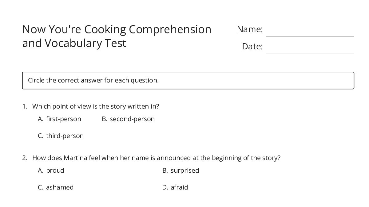 Now You're Cooking Comprehension and Vocabulary Test - My Worksheet ...