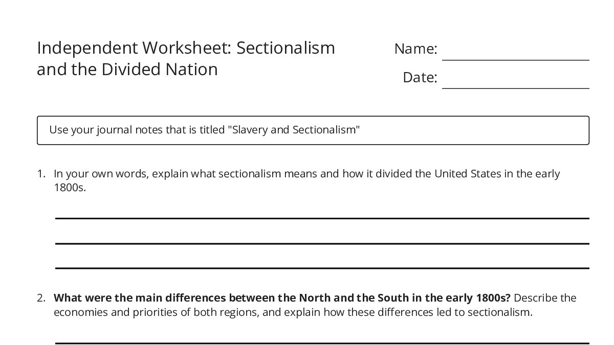 Independent Worksheet: Sectionalism and the Divided Nation - My ...