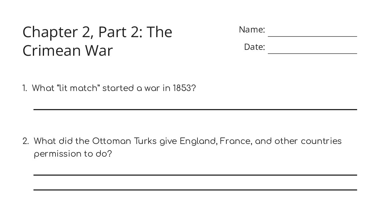 Chapter 2, Part 2: The Crimean War - My Worksheet Maker: Create Your ...