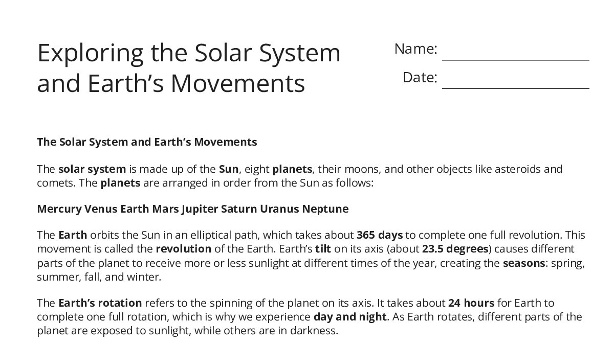 Exploring the Solar System and Earth’s Movements - My Worksheet Maker ...
