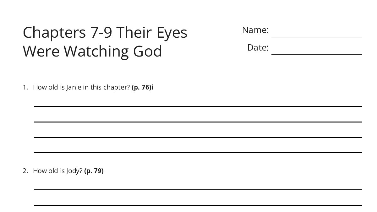 Chapters 7-9 Their Eyes Were Watching God - My Worksheet Maker: Create ...