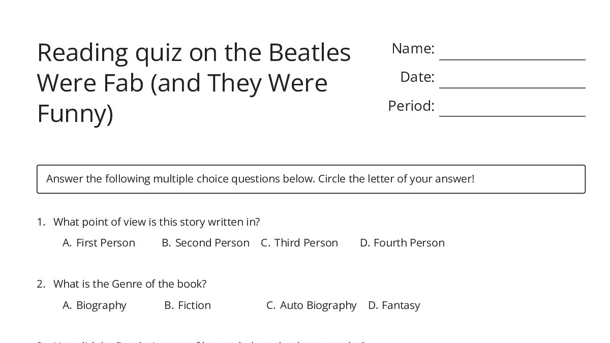 Reading quiz on the Beatles Were Fab (and They Were Funny) - My ...