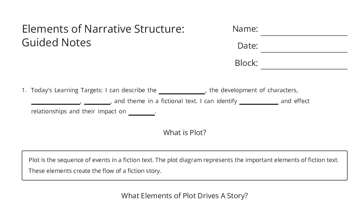 Elements of Narrative Structure: Guided Notes - My Worksheet Maker ...