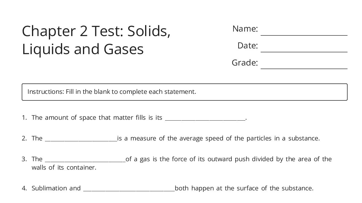 Chapter 2 Test: Solids, Liquids and Gases - My Worksheet Maker: Create ...