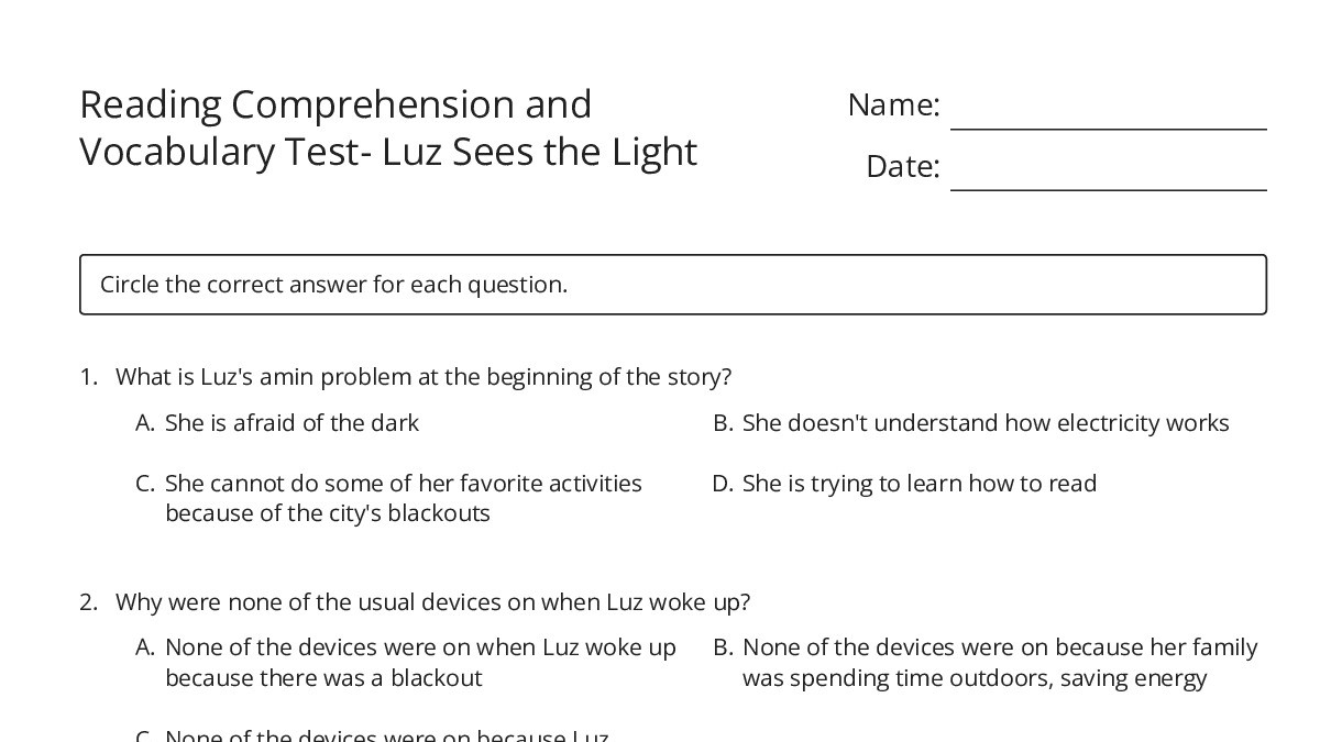 Reading Comprehension and Vocabulary Test- Luz Sees the Light - My ...