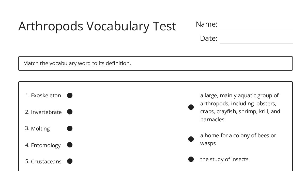 Arthropods Vocabulary Test - My Worksheet Maker: Create Your Own Worksheets