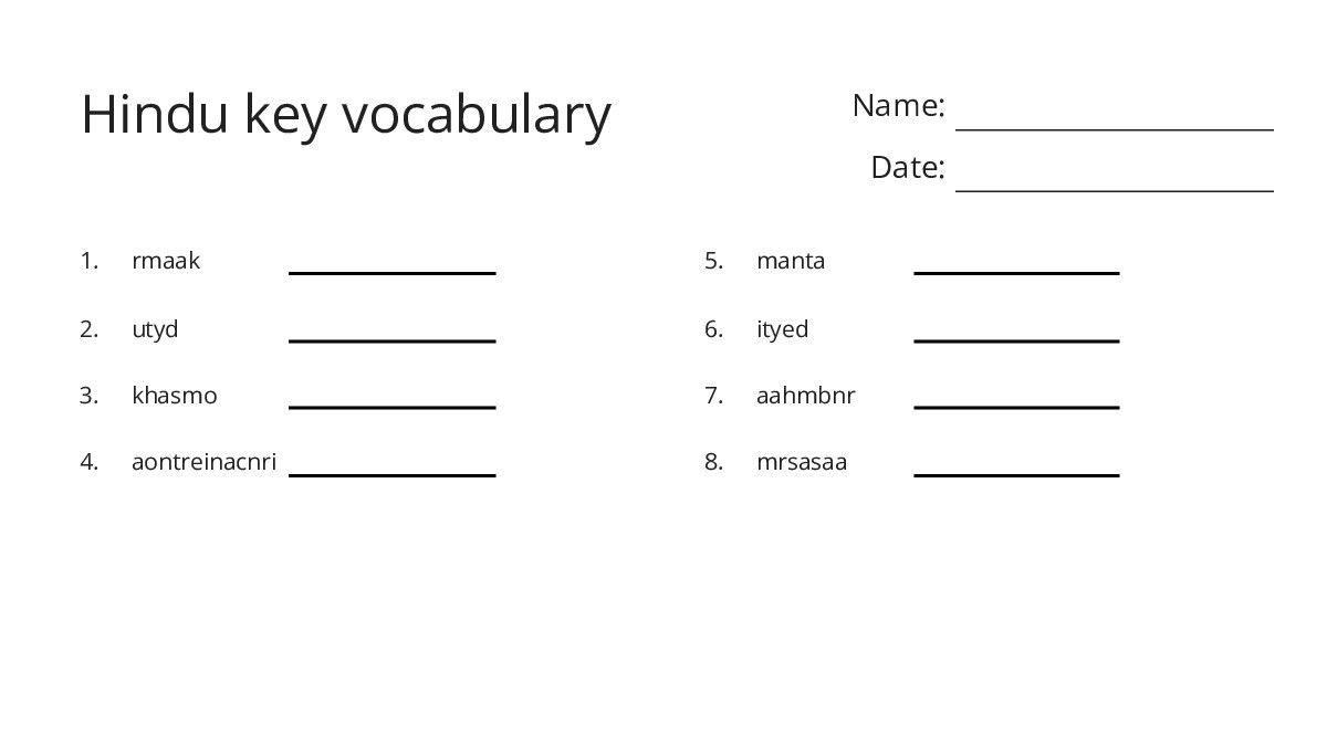 Hindu key vocabulary - My Worksheet Maker: Create Your Own Worksheets