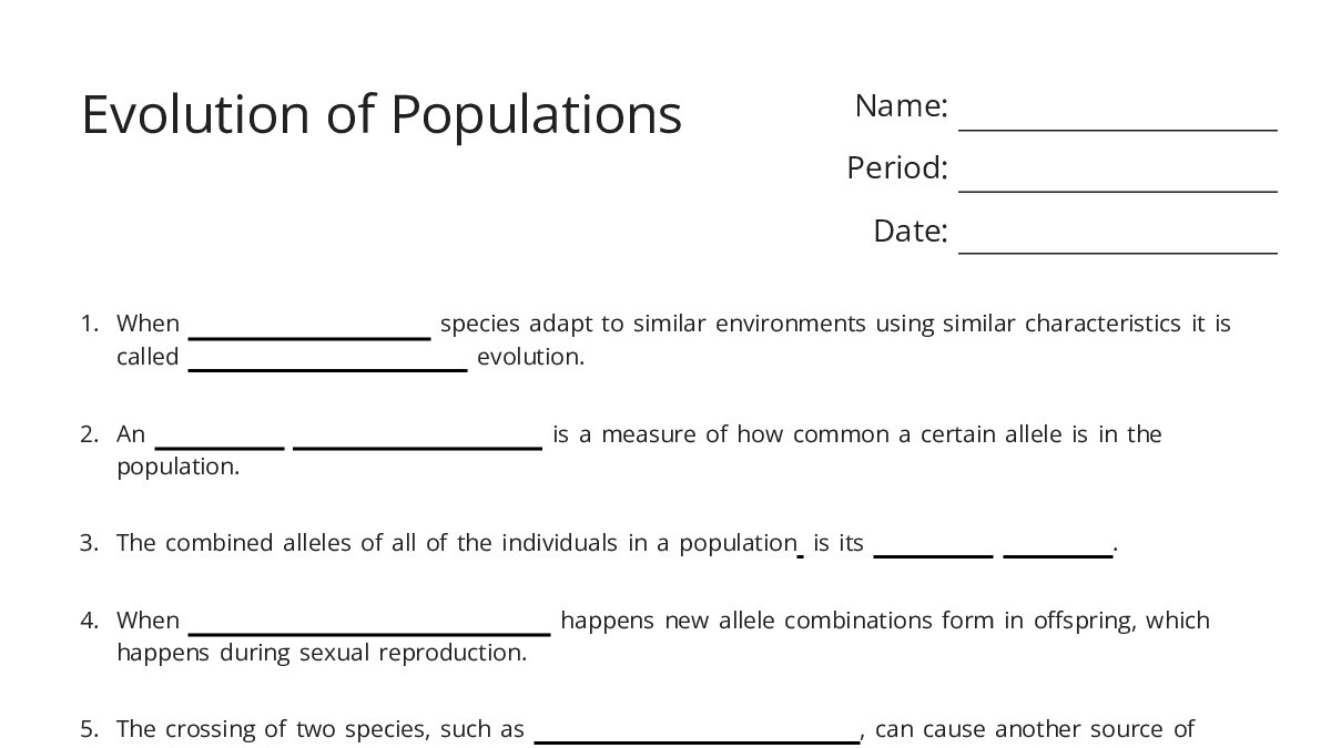 Evolution of Populations - My Worksheet Maker: Create Your Own Worksheets