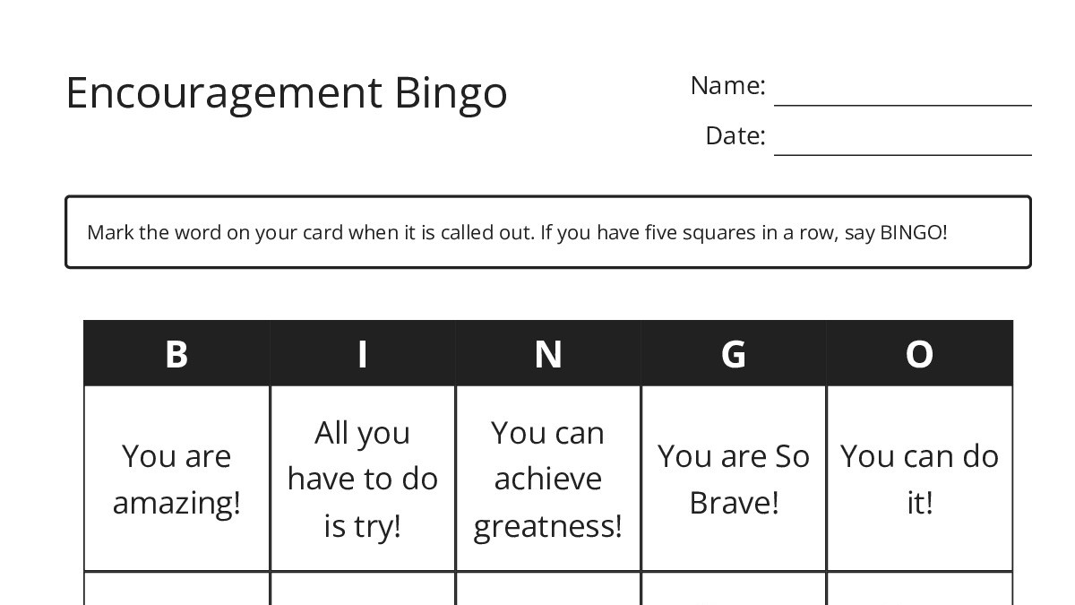 Encouragement Bingo - My Bingo Maker: Create Your Own Bingo Cards