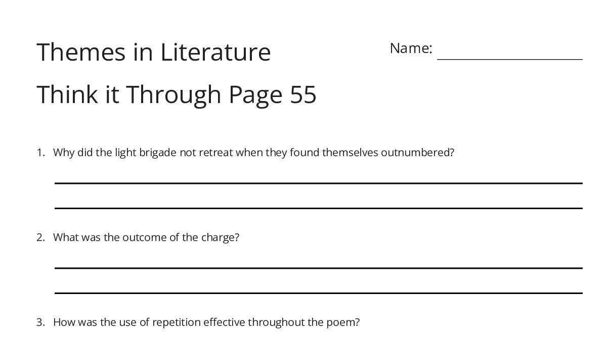 Themes in Literature Think it Through Page 55 - My Worksheet Maker ...