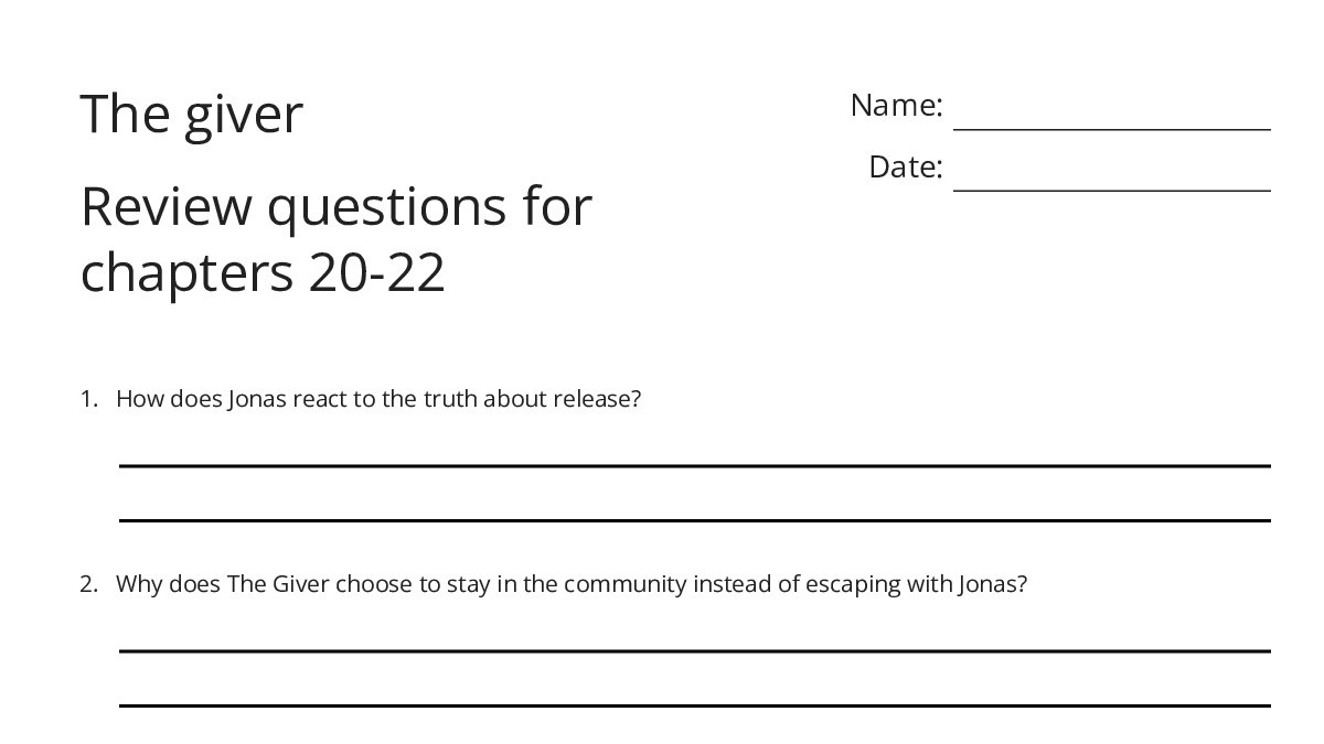 The giver Review questions for chapters 20-22 - My Worksheet Maker ...