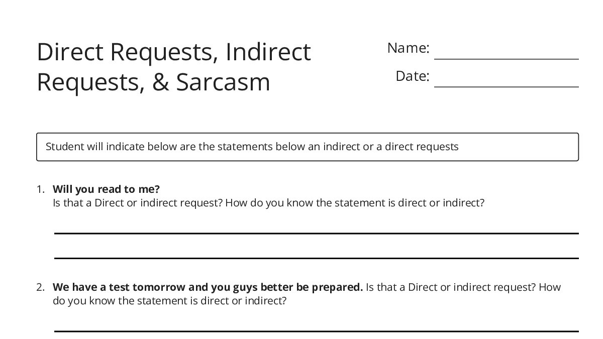 Direct Requests, Indirect Requests, & Sarcasm - My Worksheet Maker ...