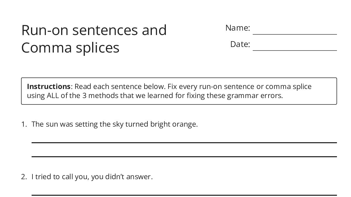 Run-on sentences and Comma splices - My Worksheet Maker: Create Your ...