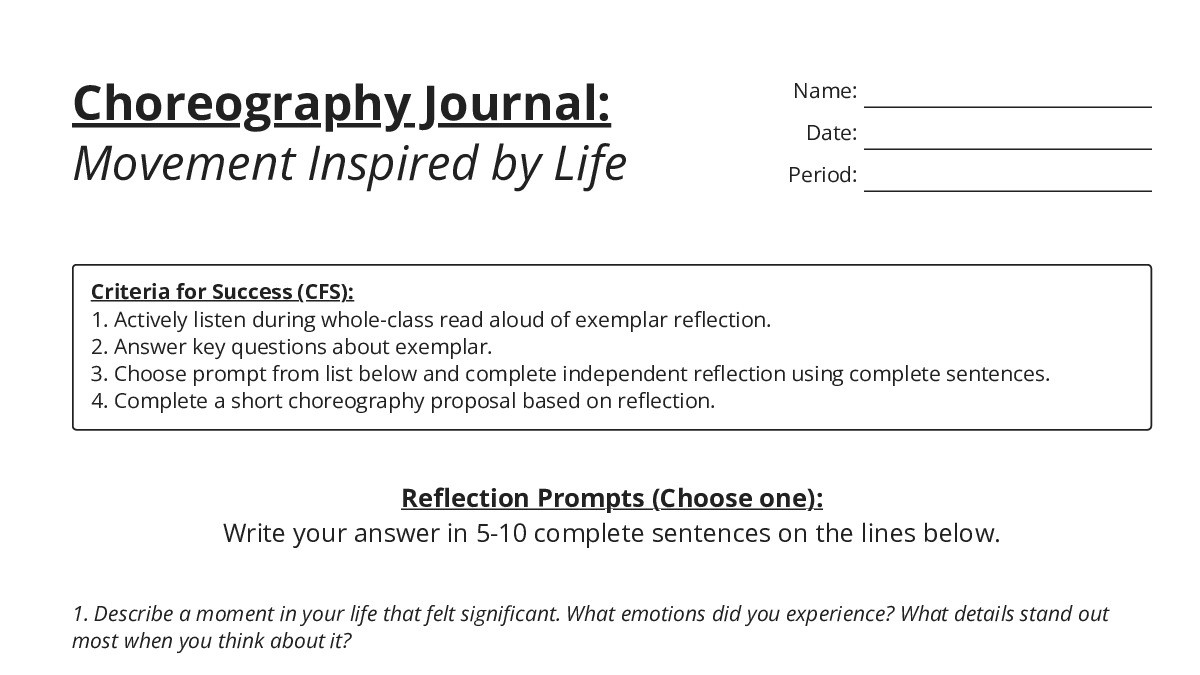 Choreography Journal: Movement Inspired by Life - My Worksheet Maker ...