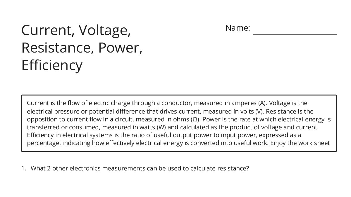 Current, Voltage, Resistance, Power, Efficiency - My Worksheet Maker ...
