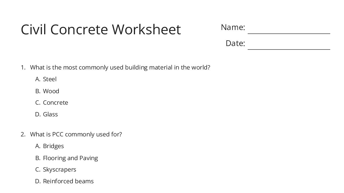 Civil Concrete Worksheet - My Worksheet Maker: Create Your Own Worksheets