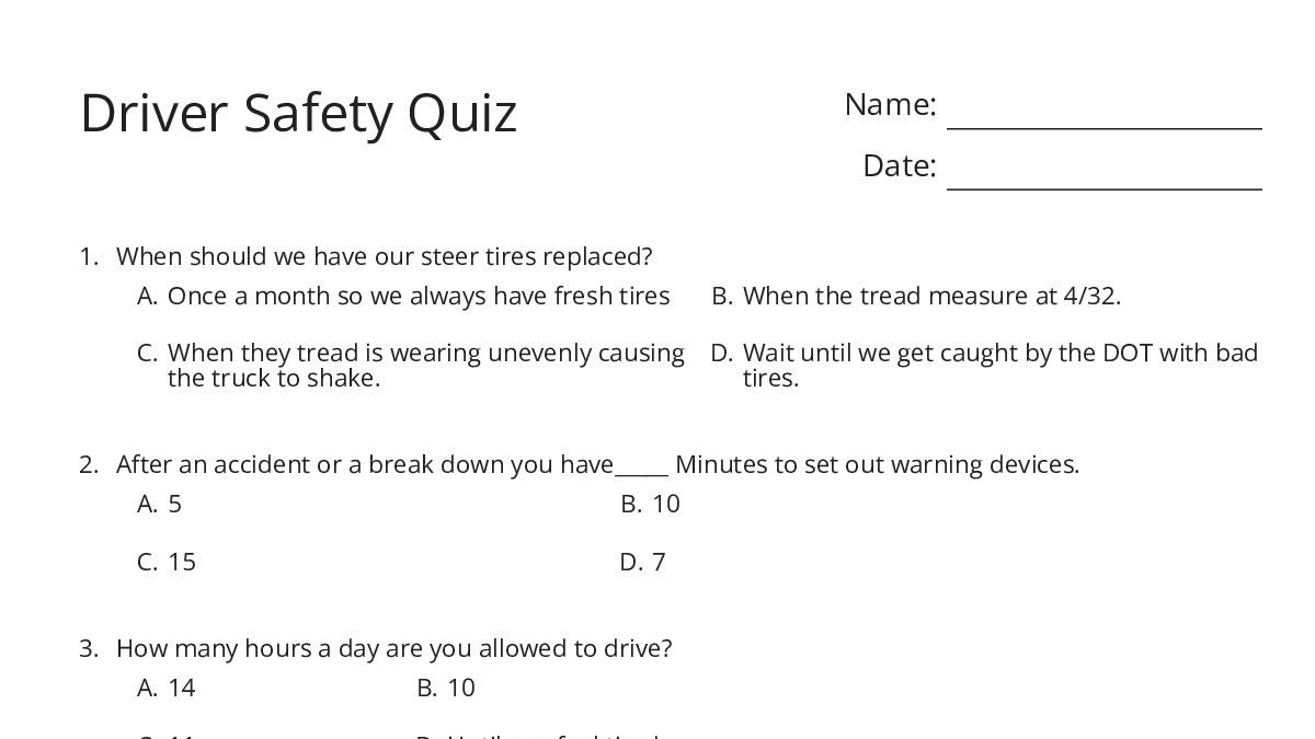Driver Safety Quiz - My Worksheet Maker: Create Your Own Worksheets