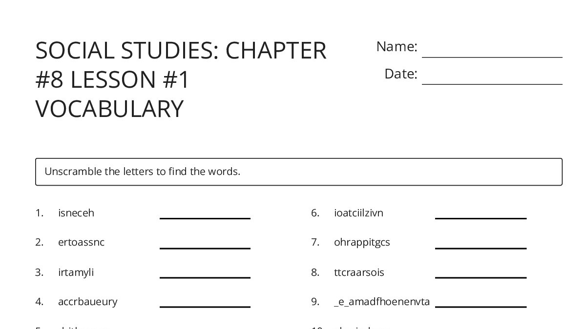 SOCIAL STUDIES: CHAPTER #8 LESSON #1 VOCABULARY - My Worksheet Maker ...