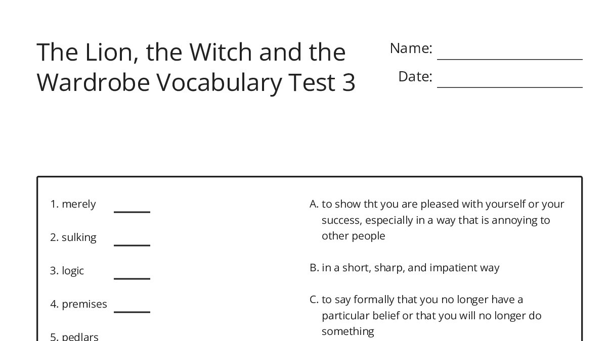 The Lion, the Witch and the Wardrobe Vocabulary Test 3 - My Worksheet ...