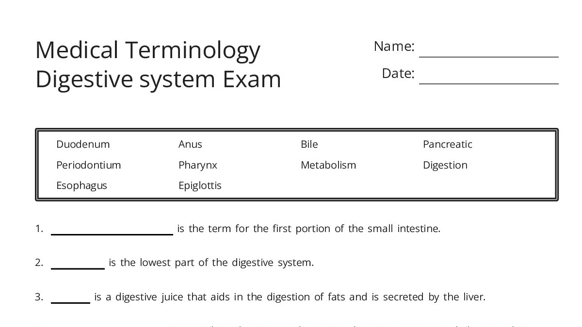 Medical Terminology Digestive system Exam - My Worksheet Maker: Create ...