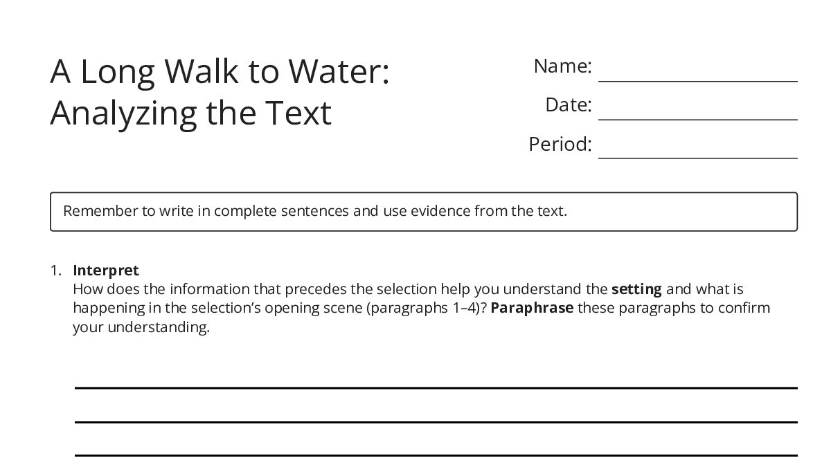A Long Walk to Water: Analyzing the Text - My Worksheet Maker: Create ...
