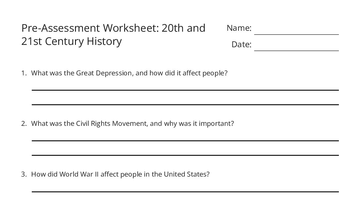 Pre-Assessment Worksheet: 20th and 21st Century History - My Worksheet ...