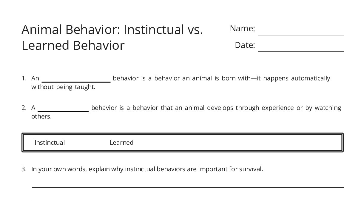 Animal Behavior: Instinctual vs. Learned Behavior - My Worksheet Maker ...