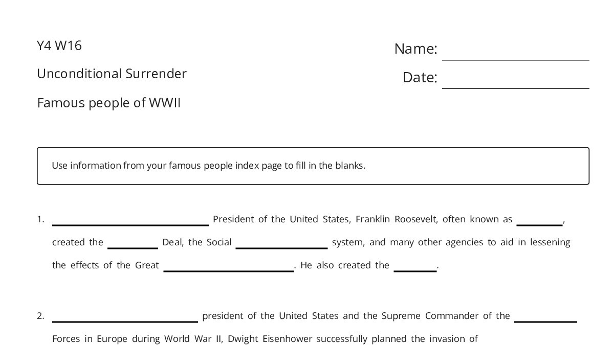 Y4 W16 Unconditional Surrender Famous people of WWII - My Worksheet ...