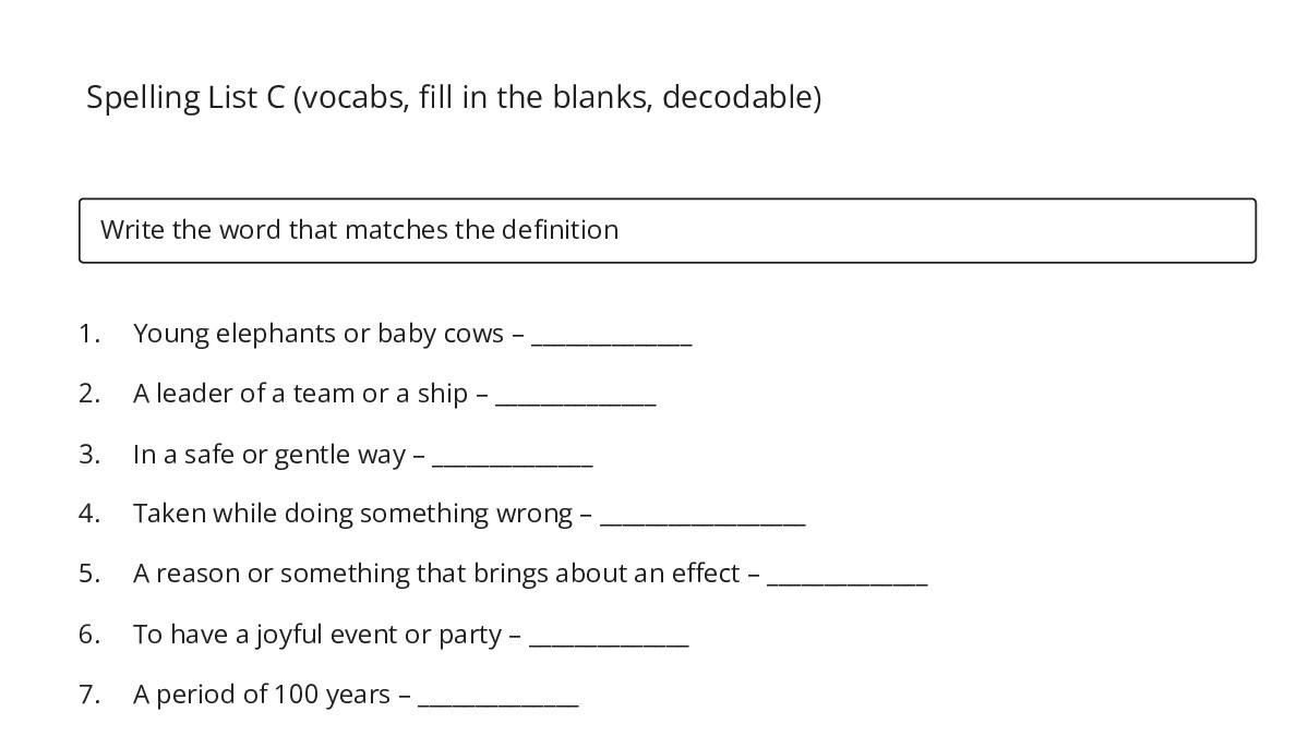 Spelling List C (vocabs, fill in the blanks, decodable) - My Worksheet ...