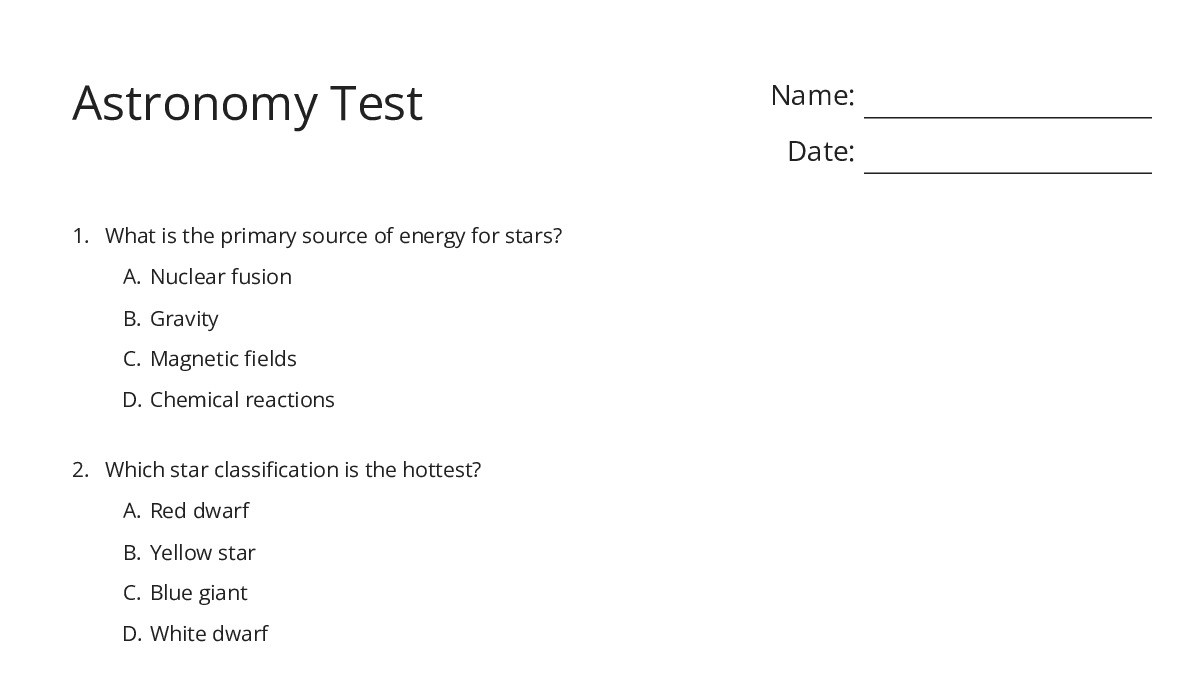 Astronomy Test - My Worksheet Maker: Create Your Own Worksheets
