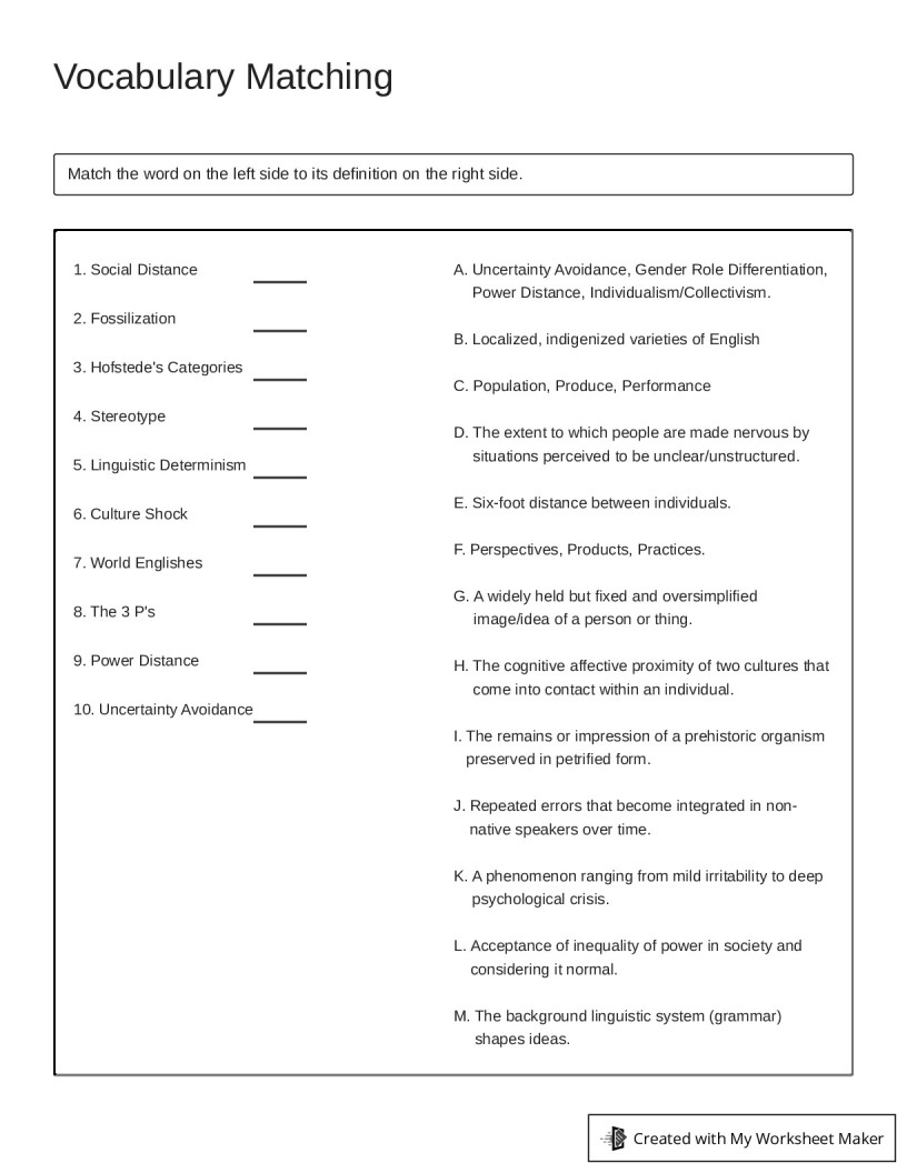 Vocabulary Matching - My Worksheet Maker: Create Your Own Worksheets