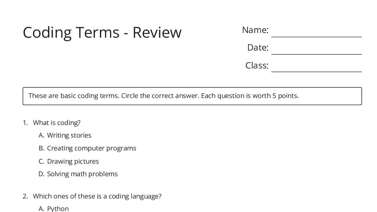 Coding Terms - Review - My Worksheet Maker: Create Your Own Worksheets