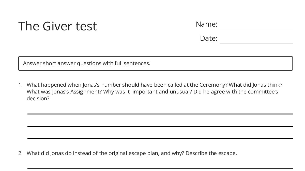 The Giver test - My Worksheet Maker: Create Your Own Worksheets