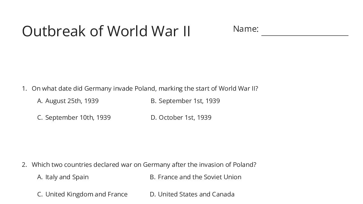 Outbreak of World War II - My Worksheet Maker: Create Your Own Worksheets