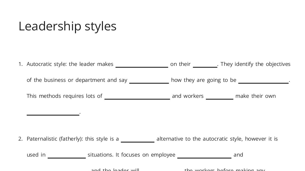 Leadership styles - My Worksheet Maker: Create Your Own Worksheets