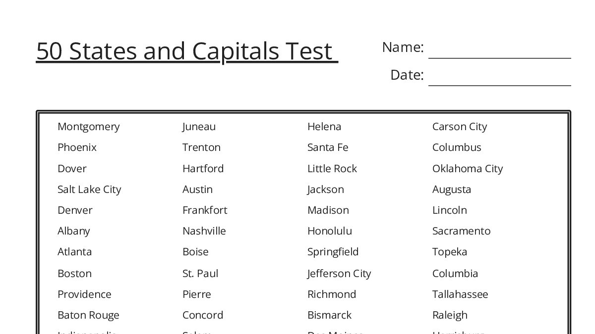 50 States and Capitals Test ﻿ - My Worksheet Maker: Create Your Own ...