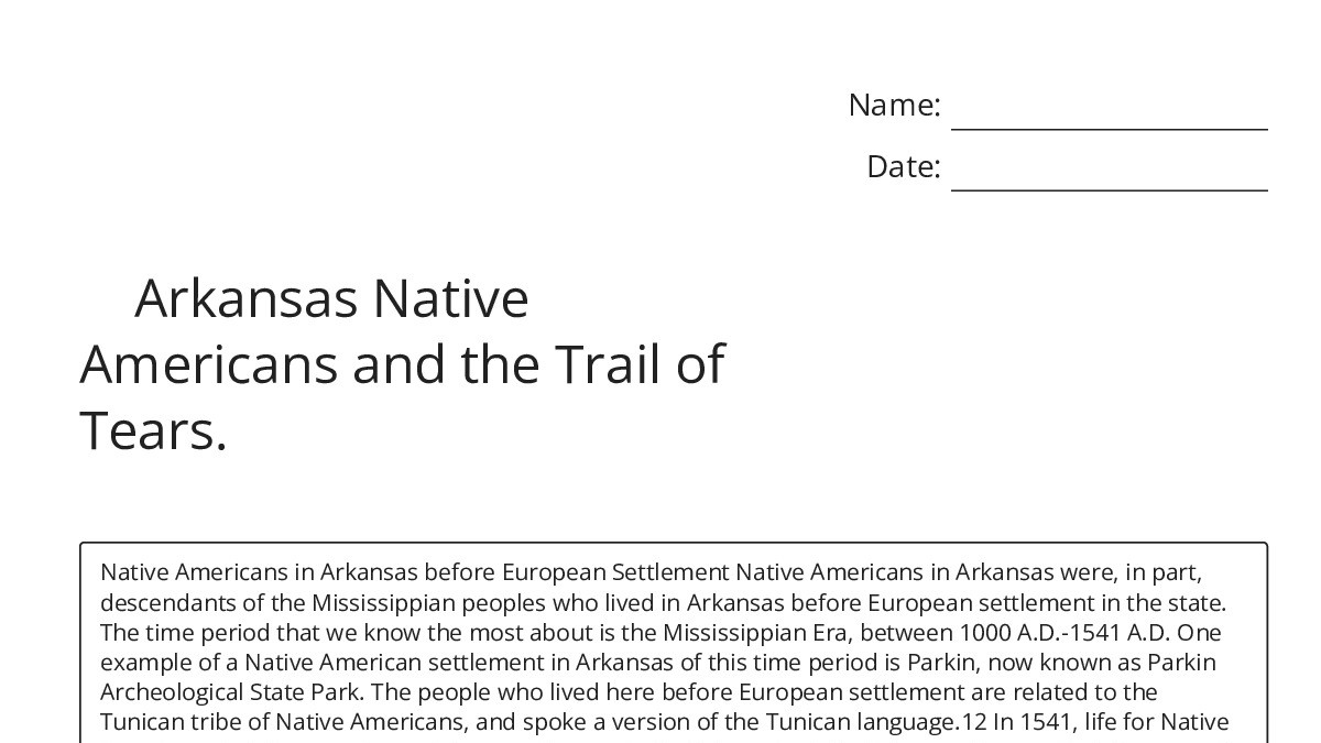 Arkansas Native Americans and the Trail of Tears. - My Worksheet Maker ...