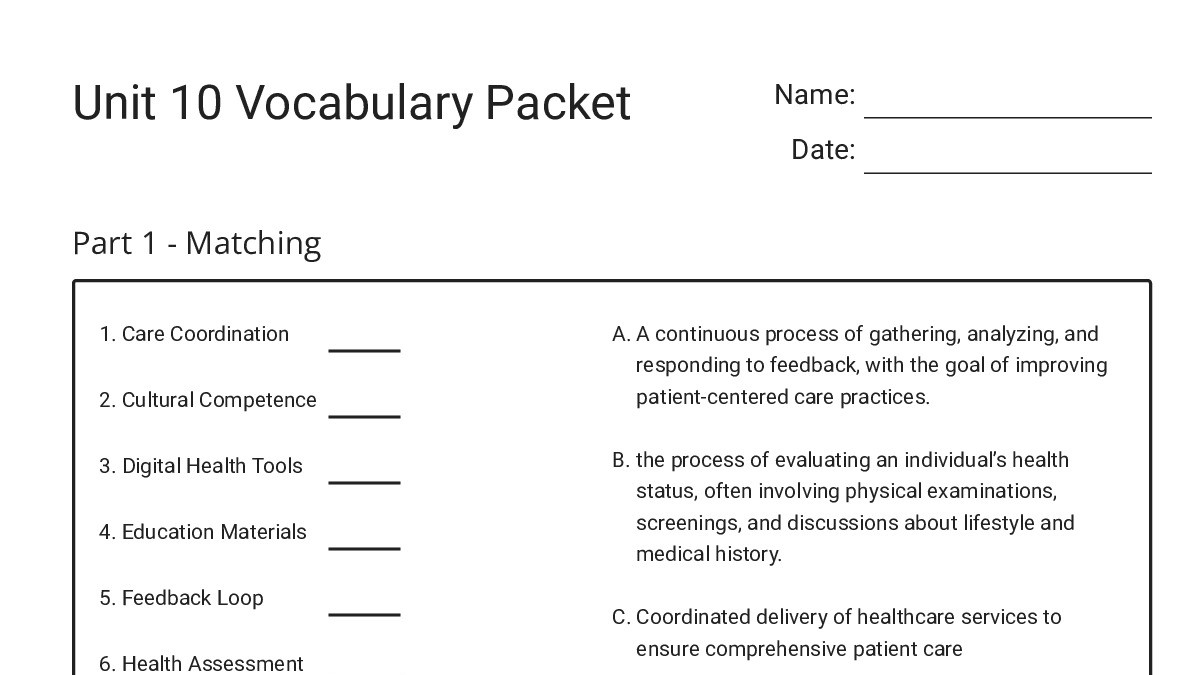 Unit 10 Vocabulary Packet - My Worksheet Maker: Create Your Own Worksheets