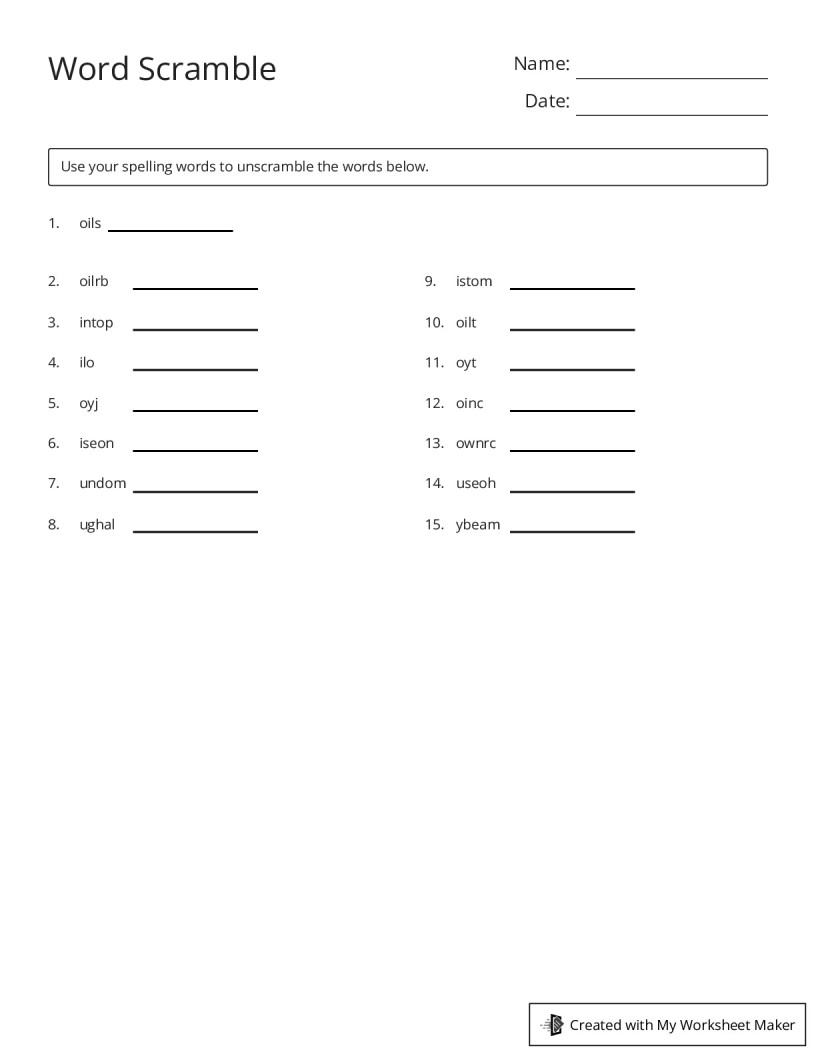 Word Scramble - My Worksheet Maker: Create Your Own Worksheets