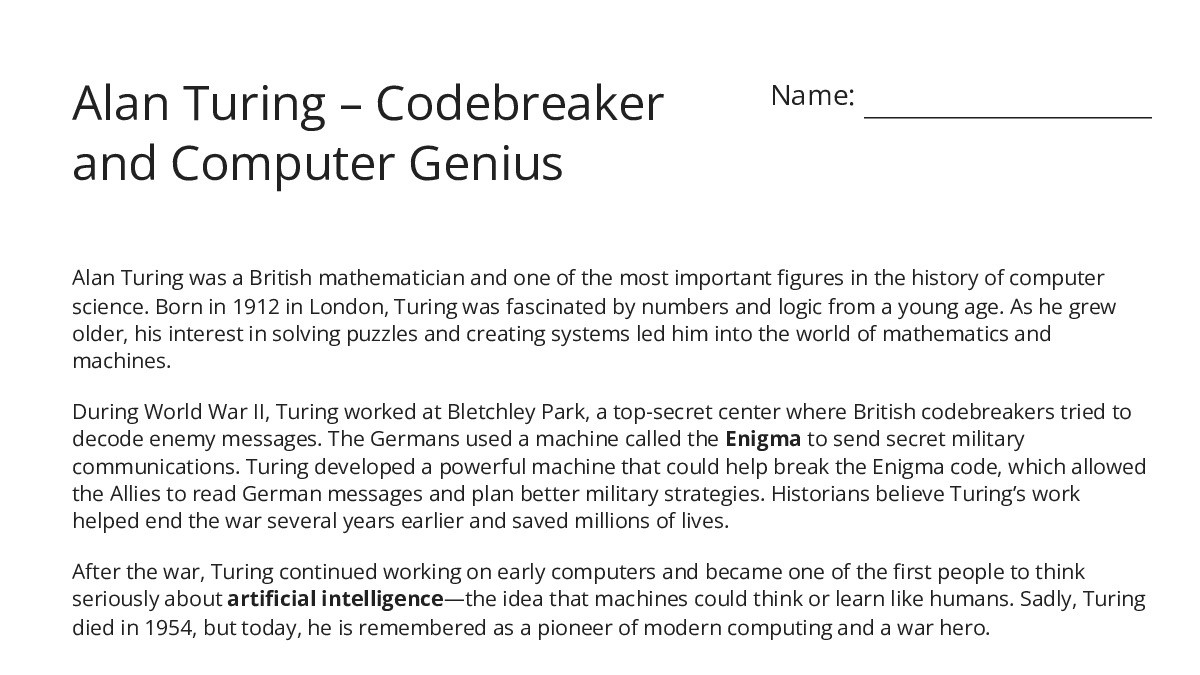 Alan Turing – Codebreaker and Computer Genius - My Worksheet Maker: Create Your Own Worksheets
