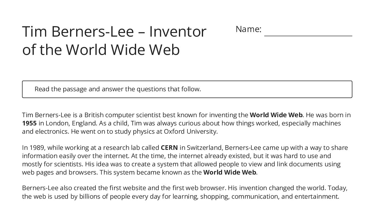 Tim Berners Lee Inventor Of The World Wide Web My Worksheet Maker